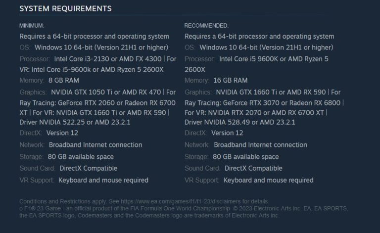 F1 23 PC Requirements Revealed, Requires 80 GB Installation Space