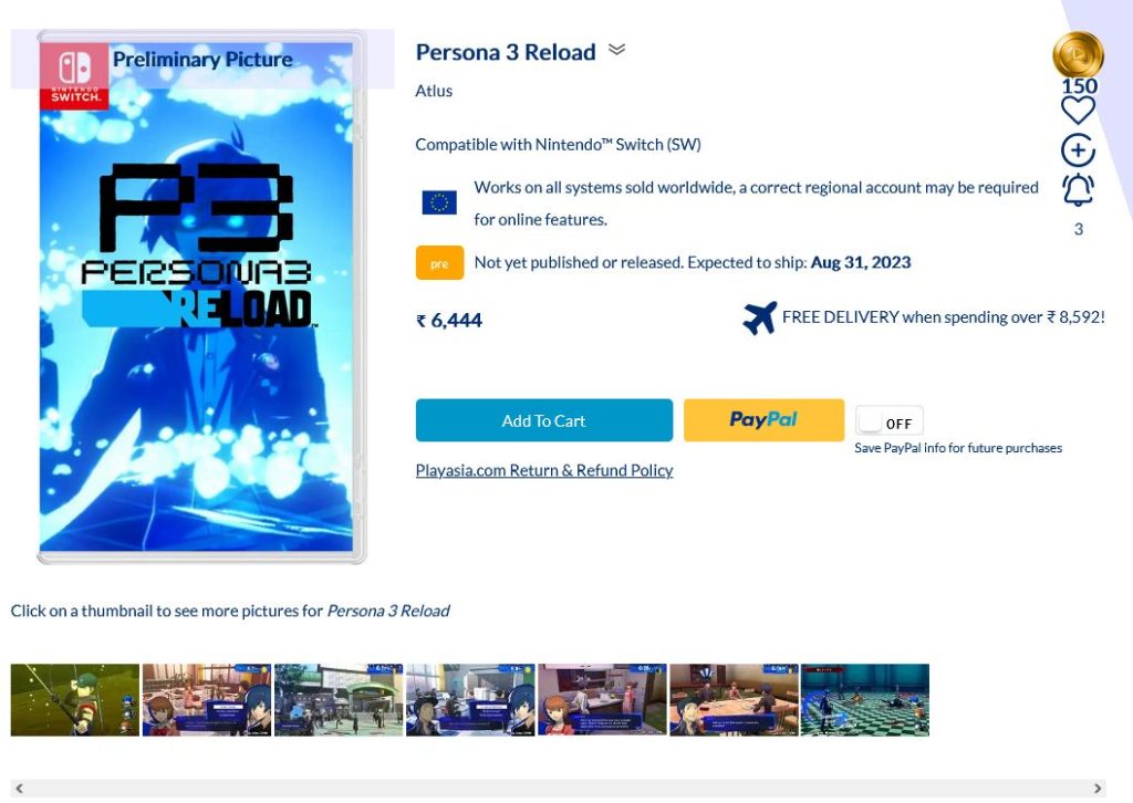 Persona 3 Reload Listed for Nintendo Switch on Play-Asia